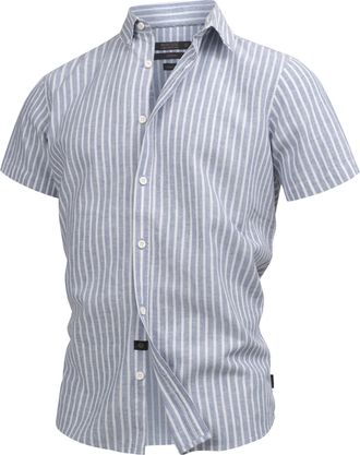 Indicode Herren INBravida Leinenhemd Kurzarm-Hemd mit Button-Down-Kragen | Herrenhemd Sommerhemd für Männer Dark Navy, XXL