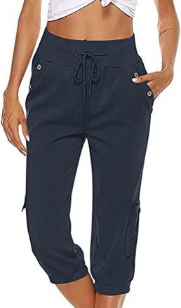 Onsoyours Pantalon dÉté Femme de Sport Court Taille Haute 3/4 Pantalon de Survêtement Pantacourt Décontracté Léger Élastique Respirant D Bleu Marine M