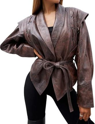 Generic Veste en cuir pour femme - Style r&eacute;tro surdimensionn&eacute; - Marron - Veste en similicuir avec ceinture - Tenue dautomne pour femme - Tendance printemps, m