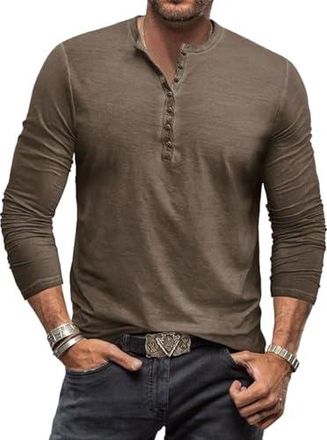 Generic T-shirt &agrave; manches longues pour homme - T-shirt d&eacute;contract&eacute; d&eacute;lav&eacute; &agrave; boutons d&eacute;lav&eacute;s tendance pour lautomne - T-shirt ajust&eacute; pour le quotidien, les vac