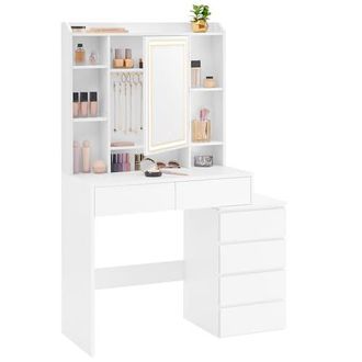 Vasagle Kailyn Collection - Coiffeuse, Grand Miroir LED &agrave; Luminosit&eacute; R&eacute;glable, Table de Maquillage, 40 x 98,3 x 145 cm, Compartiments Ouverts, &Eacute;tag&egrave;res R&eacute;glab