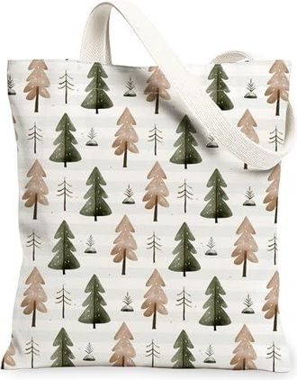 Generic Sacs fourre-tout en toile motif arbres dhiver, sacs d&eacute;picerie r&eacute;utilisables, l&eacute;gers et lavables avec bandouli&egrave;re en toile pour Shoppin, blanc, 13x15 I