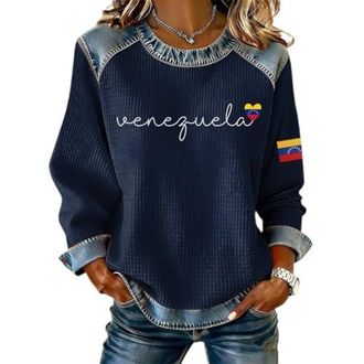 Generic Venezuela - Sweat-shirt gaufr&eacute; imprim&eacute; vintage pour femme - Denim patchwork - Pull &agrave; manches longues - D&eacute;contract&eacute; - Haut en jean, bleu marine, S