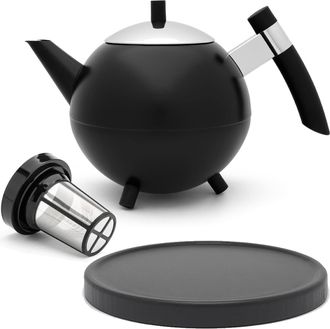 Bredemeijer Teekanne Set 1.2 Liter - Edelstahl doppelwandig Schwarz matt - Große Teebereiter mit Deckel mit Tee-Filter-Sieb-Aufsatz für losen Tee - inkl. Holz-Unt
