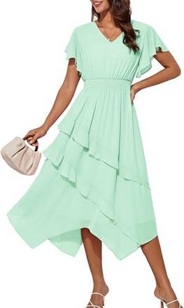 Grace Karin Robe dété décontractée pour femme - Manches volantes - Col en V - Taille élastique - Robe trapèze, vert clair, S