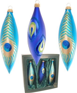 Krebs Glas Lauscha Weihnachtsdekoration/Christbaumschmuck aus Glas - Weihnachtsanhänger - Form: Olivenform - Farbe: Blau matt - Menge: 3 Stück - Motiv: Pfau - Größe: 15 