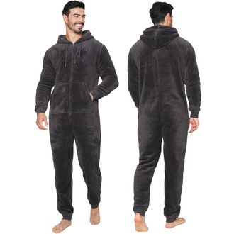 Noroze Erwachsene Herren Einfarbiger Dicker kuscheliger weicher Fleece All-in-One Overall Schlafanzug Einteiler Nachtwäsche (3XL, Anthrazit)