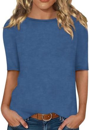 Minetom T-shirt à manches courtes pour femme, col bateau - T-shirt dété uni - Haut basique, A bleu foncé., M