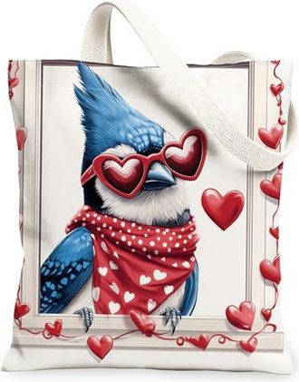 Generic Sac fourre-tout en toile motif geai bleu pour faire du shopping, 33 x 38,1 cm, sac &agrave; bandouli&egrave;re r&eacute;utilisable pour femme, peinture en forme de coeur, 