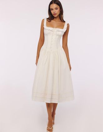 House of CB Phoebe - Baumwoll-Midikleid in Wei&szlig; mit Lochstickerei-Besatz