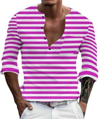 Generic Mesn Ray&eacute; Shirt Tops Hommes Casual Mode Base Ray&eacute; Manches Longues T Shirt Top, rose, XXL