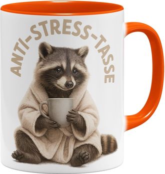 OM3 Waschb&auml;r Anti-Stress Kaffee-Tasse mit Spruch - Lustige Raccoon Keramiktasse mit Bademantel - Keramik Becher - 325ml - Beidseitig Bedruckt - Orange