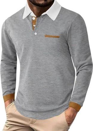 Generic Polo &agrave; manches longues pour homme - T-shirt de golf - T-shirt d&eacute;contract&eacute; pour grand-p&egrave;re - Avec poche poitrine contrast&eacute;e - Patchwork - D&eacute;contract&eacute; -