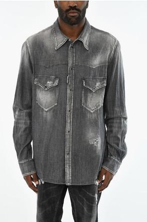 Dsquared2 Distressed Effect Denim Overshirt with Double Breast Pockets size 58