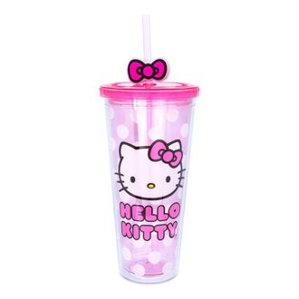 Silver Buffalo Sanrio Hello Kitty Schleife, rosa gepunktet, Kunststoffbecher mit Deckel und Strohhalm-Aufsatz, 680 ml