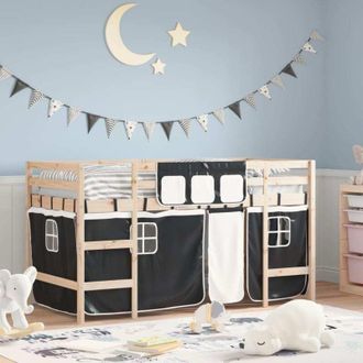 vidaXL Kinderhochbett mit Vorh&auml;ngen Wei&szlig; und Schwarz Massivholz Kiefer Vidaxl