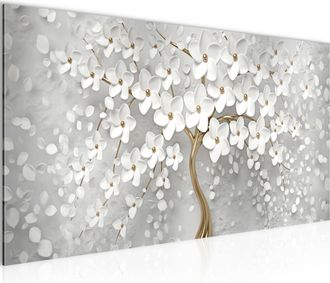 Runa Art Wandbild Blumen 1 Teilig 100 x 40 cm Modern Bild auf Vlies Leinwand Abstrakt Baum Wohnzimmer Weiss Gold 039712a