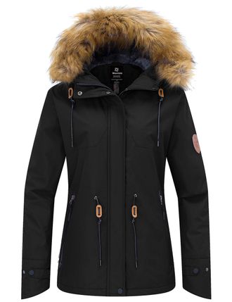 Wantdo Damen Wasserdicht Skijacke Winddichter Outdoor Sport M&auml;ntel Berg Snowboardjacken Gef&uuml;ttert Jacke mit Kunstpelzhaube Schwarz XXL