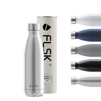 FLSK Trinkflasche - Premium Edelstahl Thermosflasche - 100 % auslaufsicher & kohlens&auml;uregeeignet - h&auml;lt 24 h kalt & 18 h hei&szlig; - BPA-frei (stainless, 500 ml