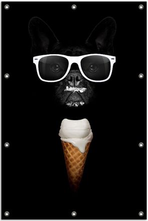 Wallario Outdoor-Poster f&uuml;r Garten oder Balkon Hund mit EIS, Motivbanner Gr&ouml;&szlig;e: ca. 80 x 120 cm, Outdoor-Bild