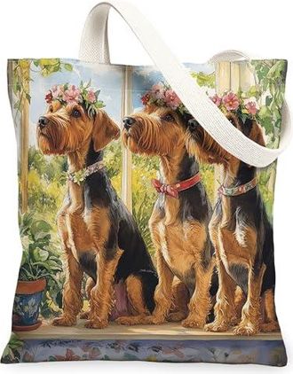 Generic Sac fourre-tout en toile motif chien Airedale Terrier printanier 33 x 38,1 cm, sac r&eacute;utilisable &agrave; motif imprim&eacute; de plantes en pot pour femme, animal d