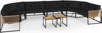 IDMarket Salon de jardin bas RIO 12 places salon dangle structure m&eacute;tal noir et cordage effet rotin avec coussins noirs