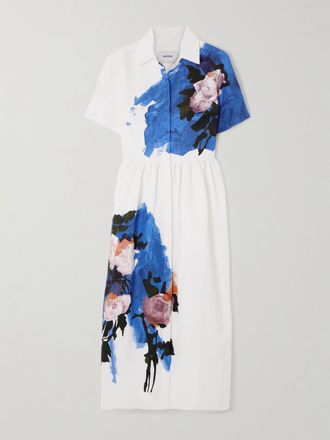 Erdem Hemdblusenkleid Aus Faille Aus Einer Baumwollmischung Mit Blumenprint Und Raffung - Blau