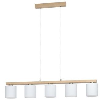 Eglo Pendelleuchte Castralvo, 5 flammige Hängelampe, Elegant, Hängeleuchte aus Stahl in Nickel-Matt, Holz in Braun und Textil in Weiß, Esstischlampe, Wohnz