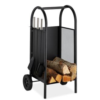 Relaxdays Chariot &agrave; bois de chemin&eacute;e Serviteur, Charrette b&ucirc;ches Acier, outils de chemin&eacute;e, pelle,balai,tisonnier,noir - Relaxdays