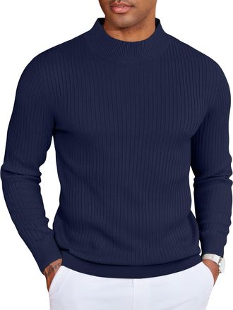 Coofandy Herren Pullover Stehkragen Winterpullover Gerippter Rollkragenpullover Warm Strickpulli Ribbed Mock Neck Sweater Dunkelblau XXL