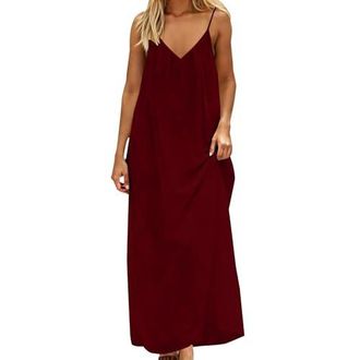 Generic Robe longue d&eacute;contract&eacute;e &agrave; bretelles spaghetti pour femme - Dos nu - Coupe ample et fluide avec poches - Couleur unie - Pour l&eacute;t&eacute;, la plage, les vacan