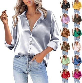 Generic HUIFUAO - Chemise en satin pour femme, grande taille, &agrave; manches longues, boutonn&eacute;e, &eacute;l&eacute;gante, habill&eacute;e, pour le travail, le bureau, les affaires, les 