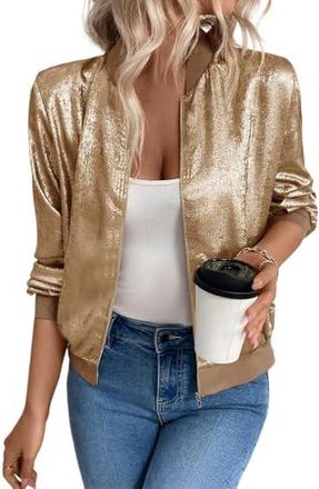 TOMWELL Bomber Femme Printemps &Eacute;t&eacute; Blouson &agrave; Manches Longues Zipp&eacute; Court Jacket Cardigan Haut Tops A Kaki M