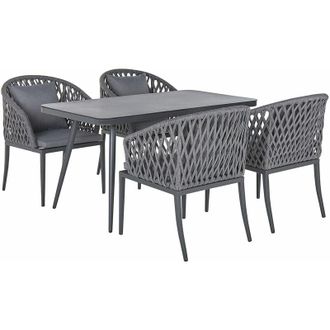Beliani Gartenm&ouml;bel Set Grau Aluminium Tisch 140x80 rechteckig in Steinoptik 4 St&uuml;hle mit Armlehnen Auflagen Flechtseil Terrasse Outdoor M&ouml;bel