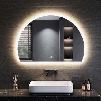 Sonni Badspiegel mit Beleuchtung Halbrund 100x70 cm, LED Spiegel mit Touch-Schalter und Dimmbar, Beschlagfrei, 3 einstellbare Lichtfarben, Badezimmerspiegel