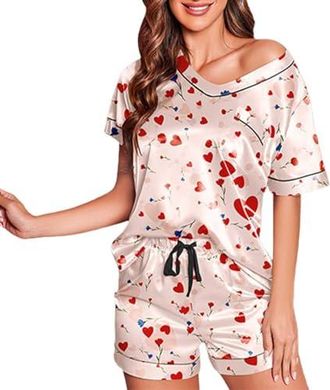 Generic Ensemble pyjama en soie pour femme pour la Saint-Valentin 2026 - Ensemble de pyjama en satin pour caraco en satin - Haut &agrave; col en V et short de voyage
