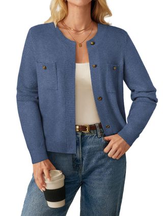 Grace Karin Damen Strickjacke Leichte Sommer Cardigan Kurz Rundhals Blazer Langarm Bolero mit Kn&ouml;pfe CL309-08/Blau M