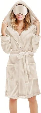Generic Robe de chambre pour femme en polaire moelleuse &agrave; capuche avec poches mi-longues et ceintures, peignoirs dhiver avec ombres &agrave; paupi&egrave;res, beige, XXL