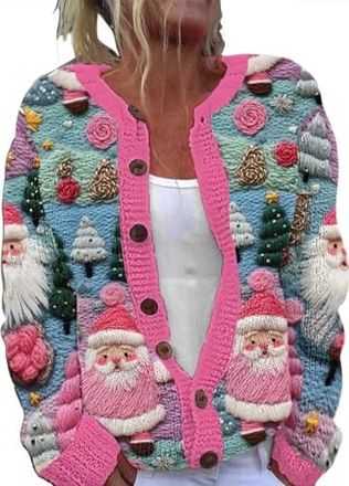 Generic Pull de Noel Femme Cardigan de Noël Imprimé Sweat Tricot à Col Ras du Cou et à Manches Longues boutonné Pull Moche de Noel Pull de Noel Lumineux Grand