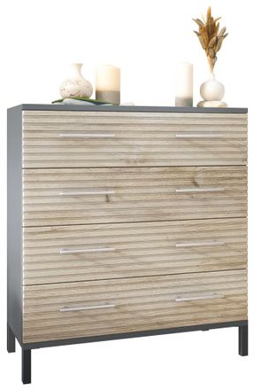 Vladon Sideboard Pavos 3D, Kommode mit 4 Schubladen, Anthrazit matt/Eiche Viking (76 x 84 x 35 cm)