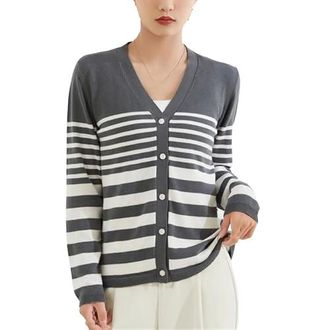 Generic Cardigan dhiver en tricot 100 % coton pour femme avec col en V ray&eacute; couleur contrast&eacute;e, Rayures grises et blanches., Taille XS