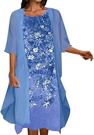 FNKDOR Robe Longue Femme Chic Jupe Longue Robe sans Manches à Imprimé Floral Cardigan à Manches Courtes Robe Longue Deux Pièces Ensembles Robe(P Bleu,XXL)