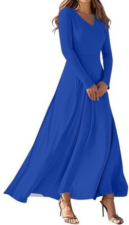 Generic Robes pour femme - Manches longues - D&eacute;contract&eacute;e - Col en V - Couleur unie - Robe longue d&eacute;t&eacute; pour femme - Longueur genou - Fleurs, bleu, XXL