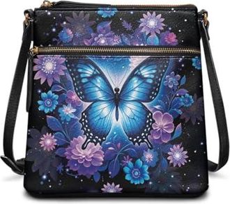 Coloranimal Sac &agrave; bandouli&egrave;re l&eacute;ger en cuir synth&eacute;tique avec fermeture &eacute;clair pour femme, Fleur violette papillon bleu