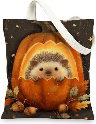 Generic Sacs fourre-tout en toile motif hérisson, mignon motif citrouille, sacs dépicerie réutilisables, fantaisie, automne, léger et lavable avec bandoulière