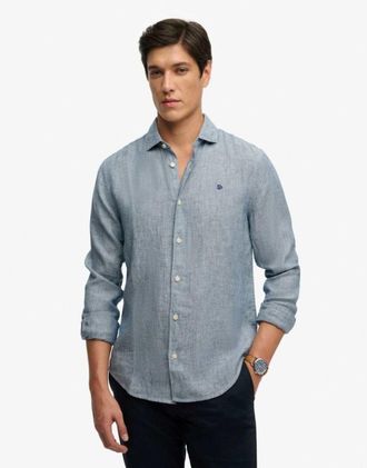 Superdry Riviera - Chemise en lin m&eacute;lang&eacute; &agrave; manches longues et rayures - Indigo-Bleu marine