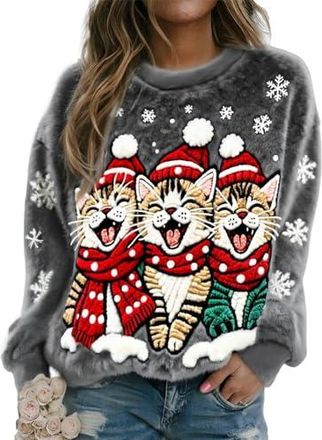 Generic Sweat-shirt de No&euml;l en flanelle avec imprim&eacute; chat pour femme, style d&eacute;contract&eacute;, &eacute;l&eacute;gant, doux et chaud, pull de No&euml;l fantaisie &agrave; col rond, haut de va