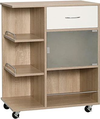 HOMCOM Desserte de Cuisine, Chariot de Service, Roues pivotantes 360°, étagères avec barrières, îlot Central Cuisine, avec tiroir, étagères, Placard, 65 x 39