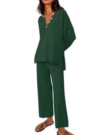 Generic Ensemble chandail 2 pi&egrave;ces pour femme, coupe d&eacute;contract&eacute;e, pull en tricot &agrave; manches longues et pantalon &agrave; jambe large, rose, taille S, pour le quotidi