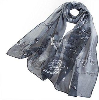 SIGNARE 100% Foulard en soie Oiseau et fleur - Noir et Blanc